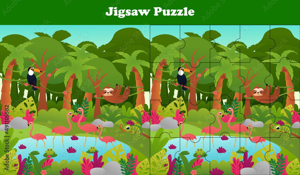 Jigsaw puzzle for kids with cute tropical jungle animals - toucan and ...