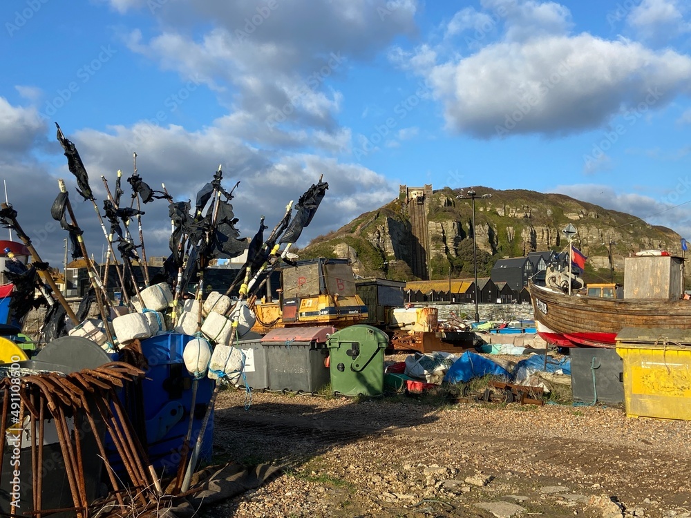 Hastings, East Sussex, UK - 06.03.2022; seaside beach area of Hastings ...