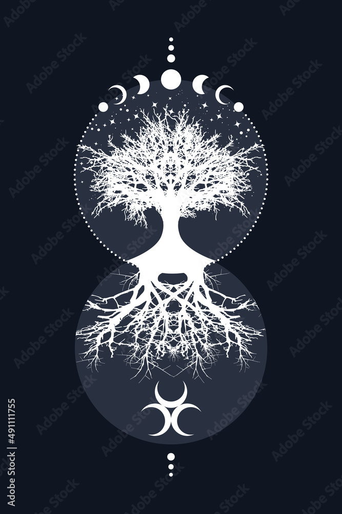 Sacred tree and crescent moon. Triple Goddess Mystical Moon Phases ...