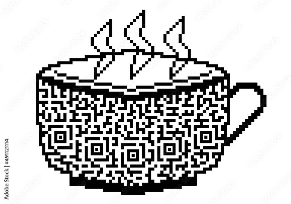 Cup of coffee or tea with QR code texture isolated on white background ...