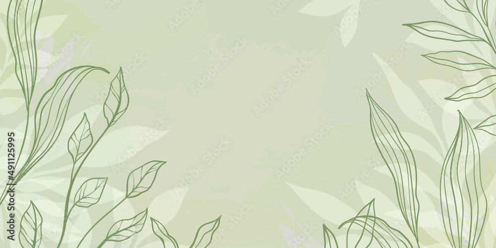 Abstract art green leaves background. hand draw outline green and white ...