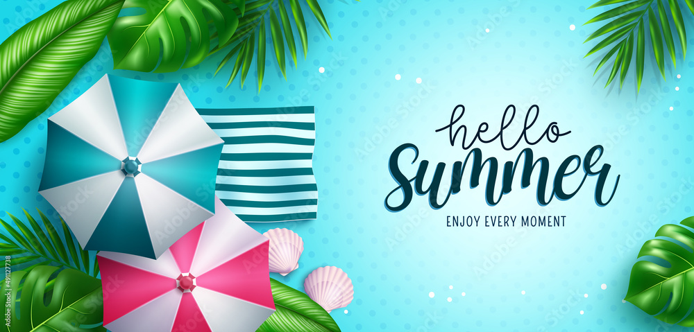 Hello summer vector background design. Hello summer greeting text in blue water pattern with ...