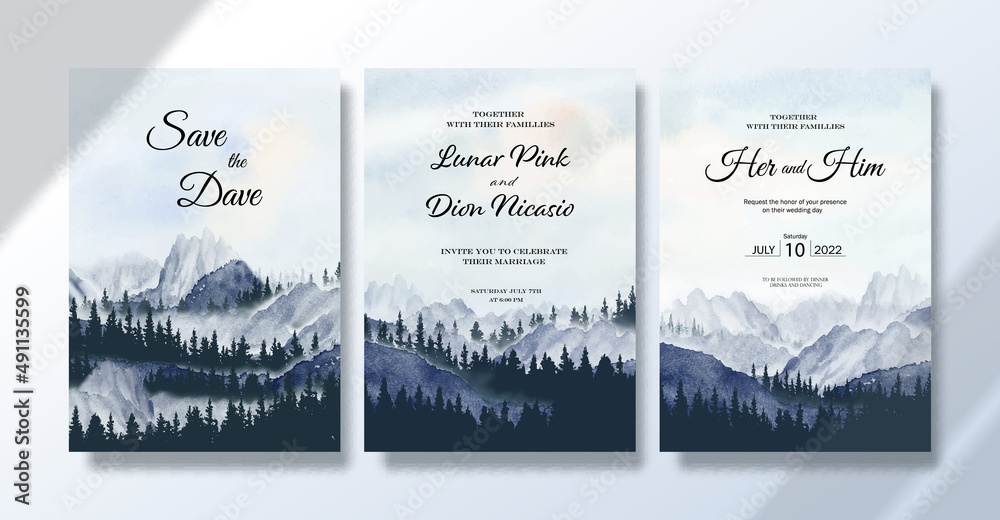 Wedding invitation card set, Watercolor landscape paintings travelling ...