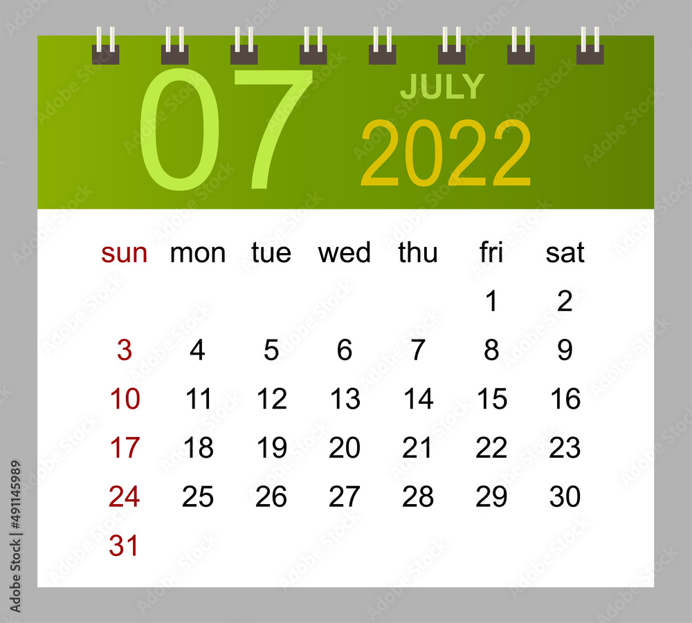 July 2022. Vector monthly calendar template 2022 year in simple style ...
