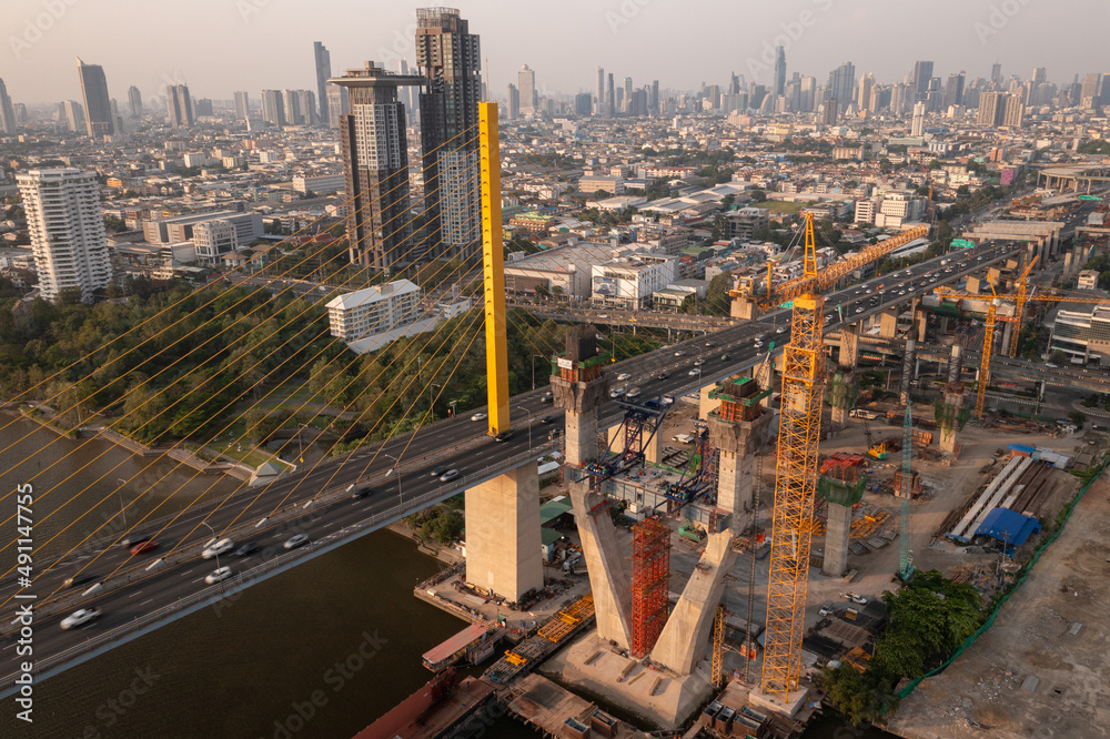Poster Aerial view Construction of Rama 9/2 Bridge which was completed in 2024and Rama 3 ...