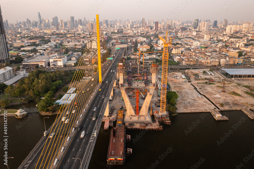 Aerial view Construction of Rama 9/2 Bridge which was completed in 2024and Rama 3 Expressway ...