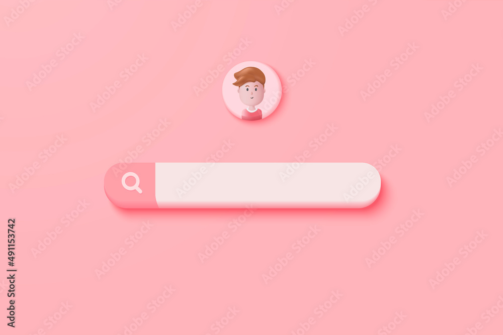 3D minimal search bar or magnifying glass in blank search bar on pink ...