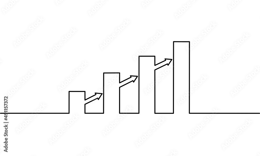 Continuous line drawing of growth graph with arrow, bar chart doodle ...