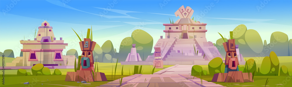 Ancient ruins of aztec temple, statues and pyramid. Vector cartoon ...