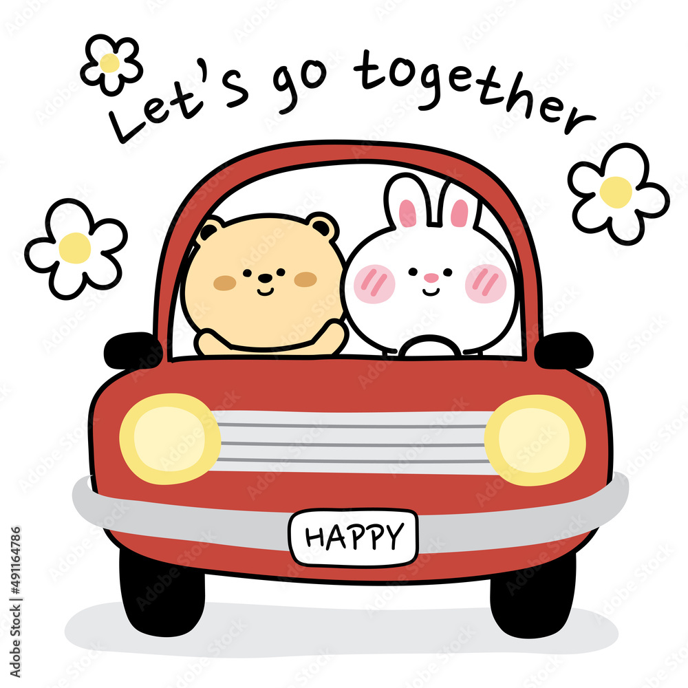 Bear and rabbit sitting in red car with flower background.Animal ...