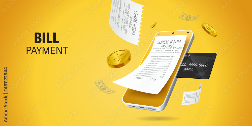 Bill of expenses is on mobile phone.Pay bills with mobile phone.Online ...