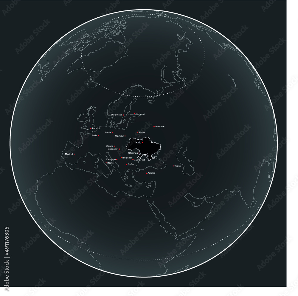 World map with Ukraine at the centre - vector with capital city names ...