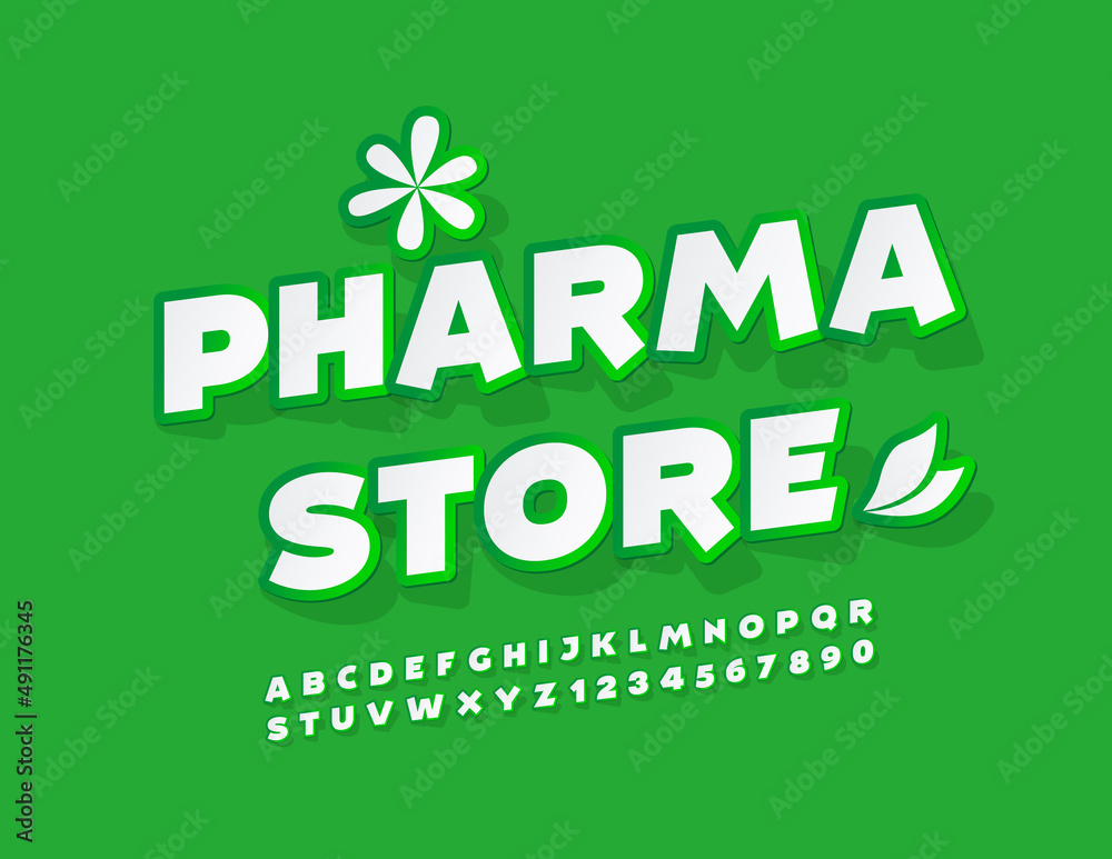 Vector green emblem Pharma Store with decorative elements. Sticker ...