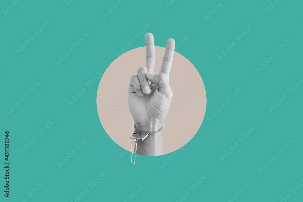 Digital collage modern art. Hand showing peace hand sign, with broken ...