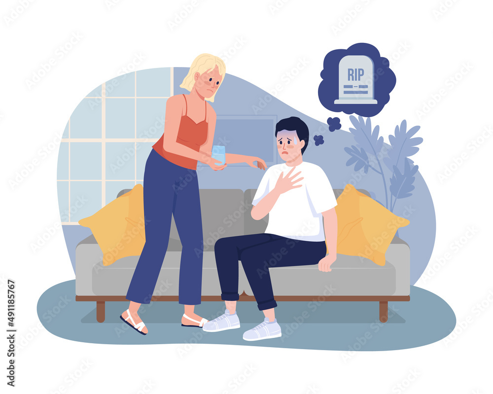 Fear of death 2D vector isolated illustration. Man has panic attack ...