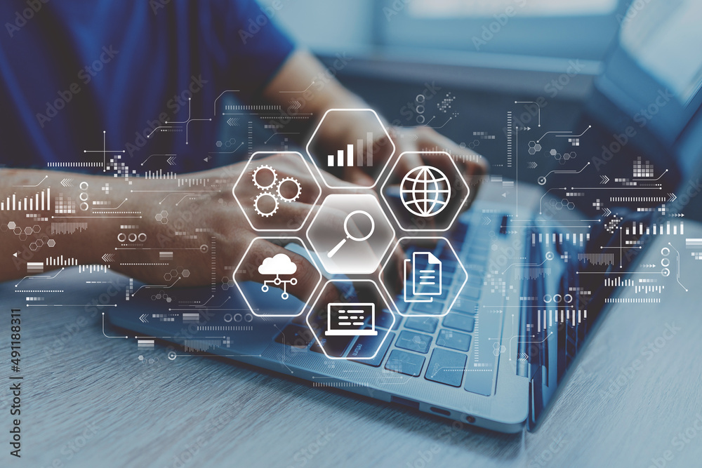 Data discovery concept. Data collection and aggregation. The person is ...