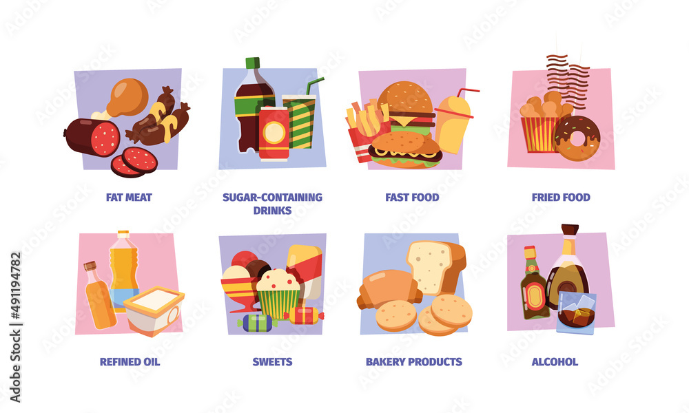 Junk food. Unhealthy products sugar white flour alcohol fast food ...