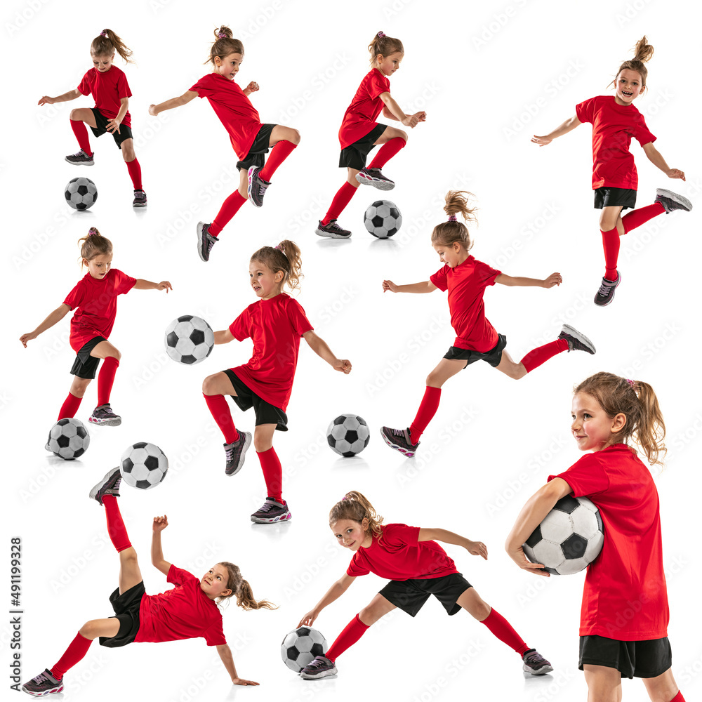 Portraits of little girl, child, training, playing football isolated ...