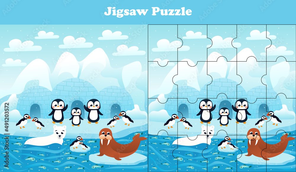 Jigsaw puzzle game with north pole wildlife - penguins, polar bear ...