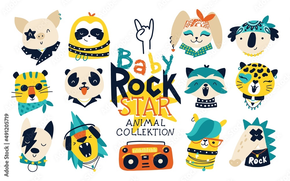 Baby rock star. Vector collection with rock animal characters for kids ...