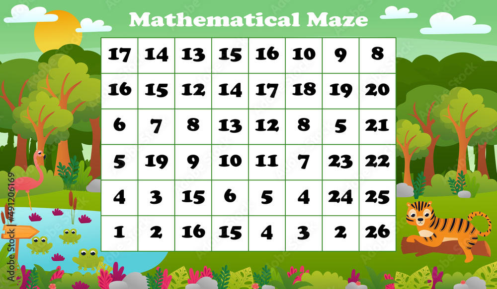 Tropical math game with cute animal characters, jungle mathematic maze ...