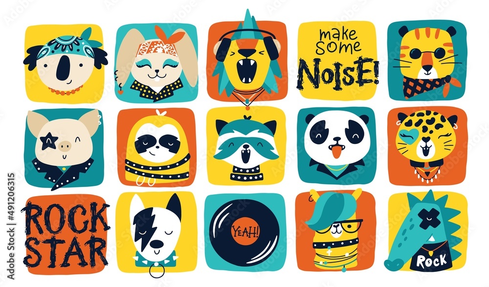 Rock star. Poster with vector collection of rock animals and graffiti ...