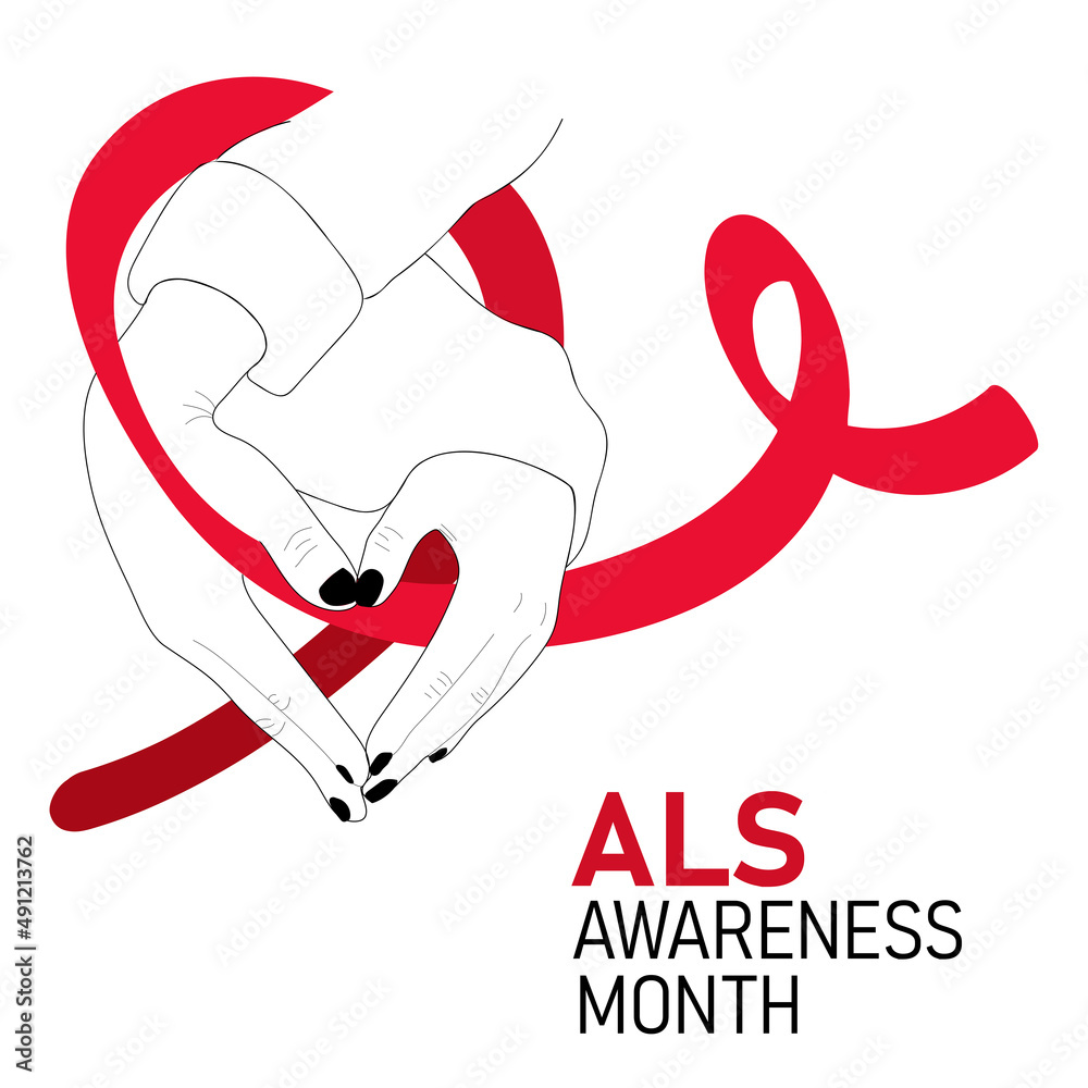ALS awareness month poster. Vector cartoon illustration of hands with a ...