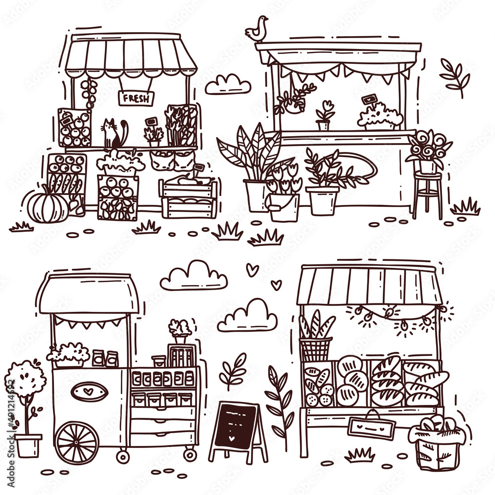 set with market stalls outline Stock Vector | Adobe Stock