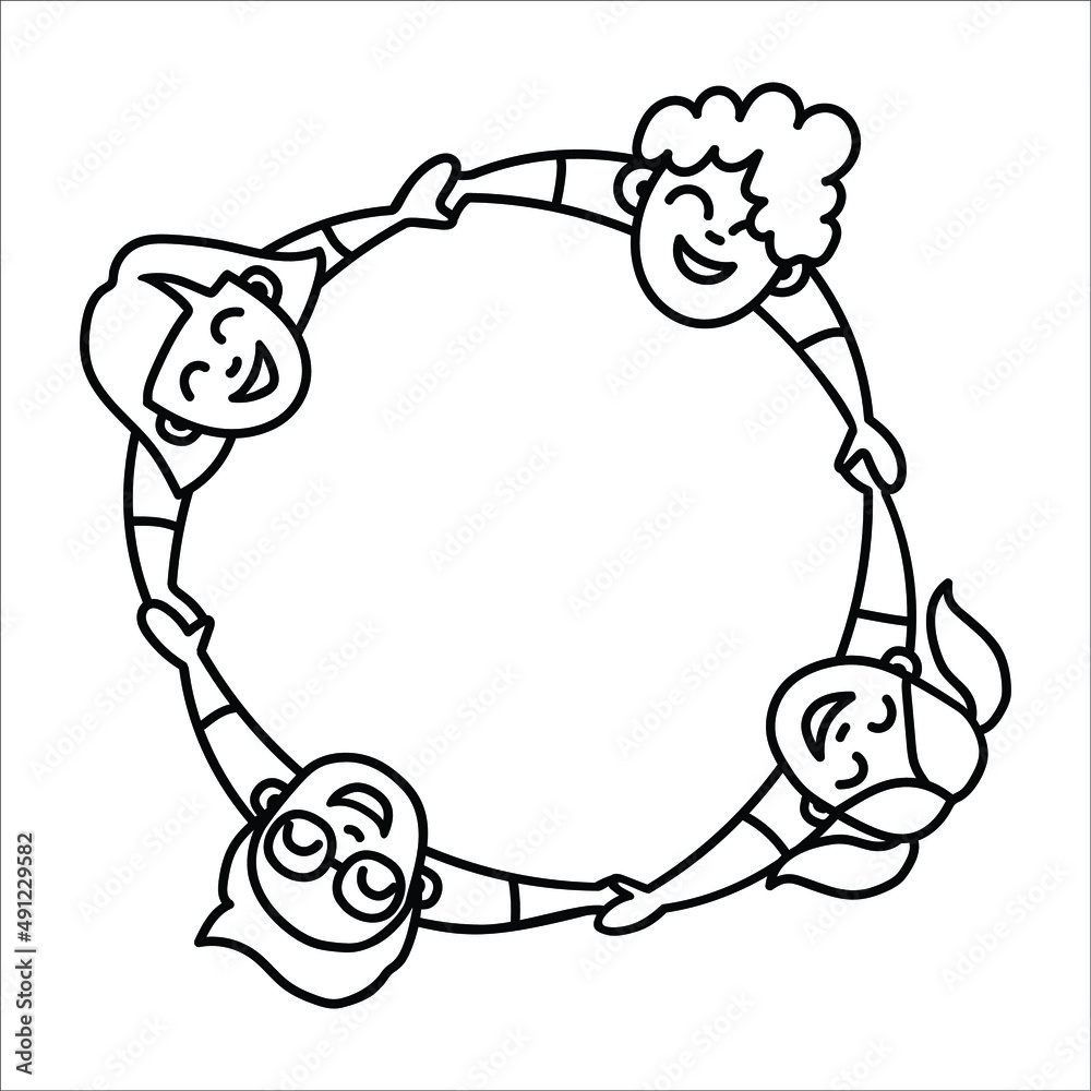 Friendly people holding hands in a circle, drawing a group of positive ...