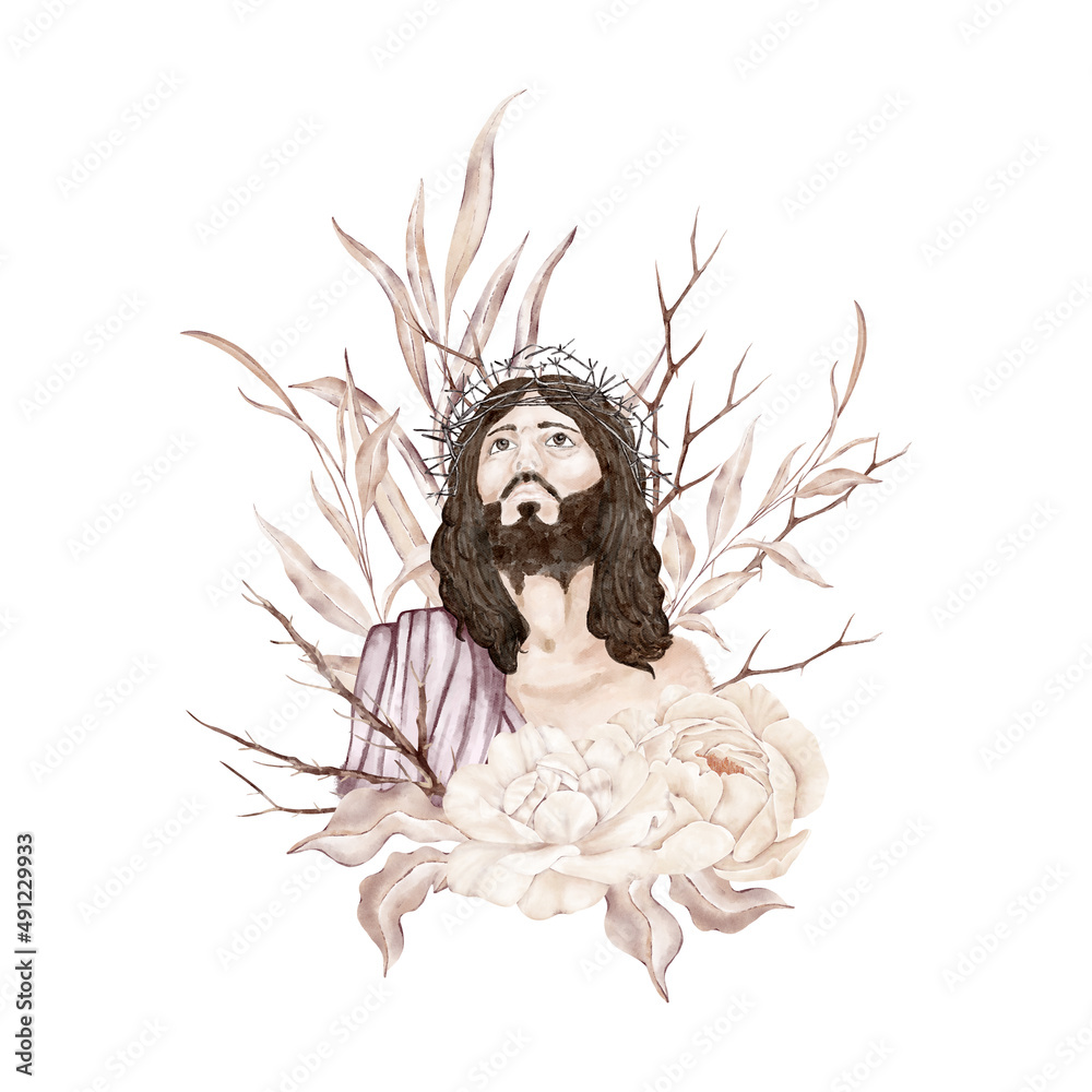 Jesus Christ among flowers and branches Stock Illustration | Adobe Stock