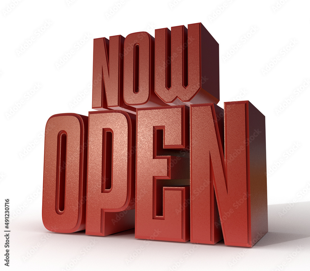 Isolated 3D NOW OPEN Word in Red Color on White Background 3D ...