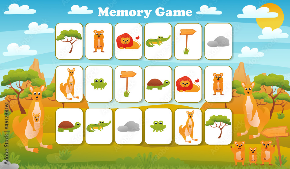 Vetor de Memory game for preschool children, vector cards with cartoon ...