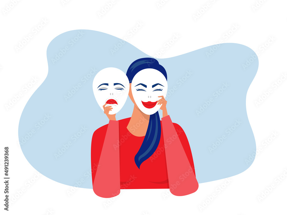 Imposter syndrome; masks with happy or sad expressions.Bipolar disorder ...