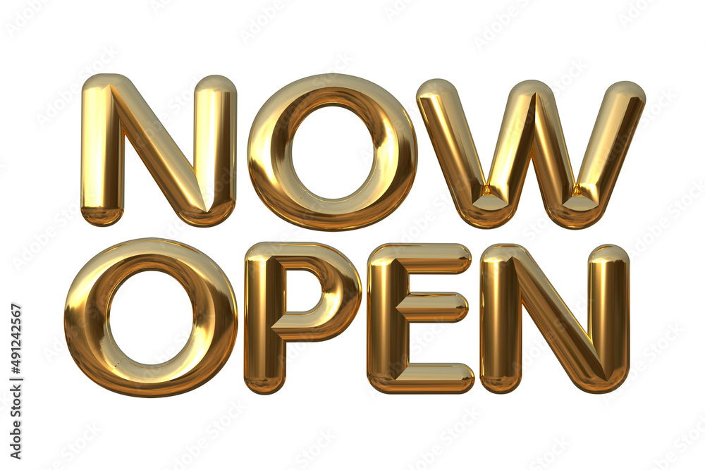 Isolated 3D NOW OPEN Word in Golden Balloon Material on White ...