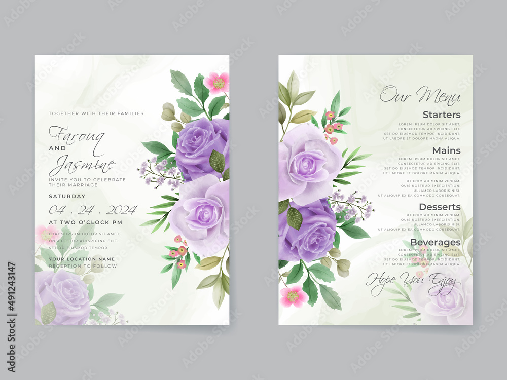Romantic purple roses wedding invitation card Stock Vector | Adobe Stock