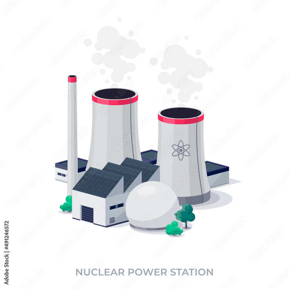 Nuclear reactor power plant station. Electric radioactive factory ...