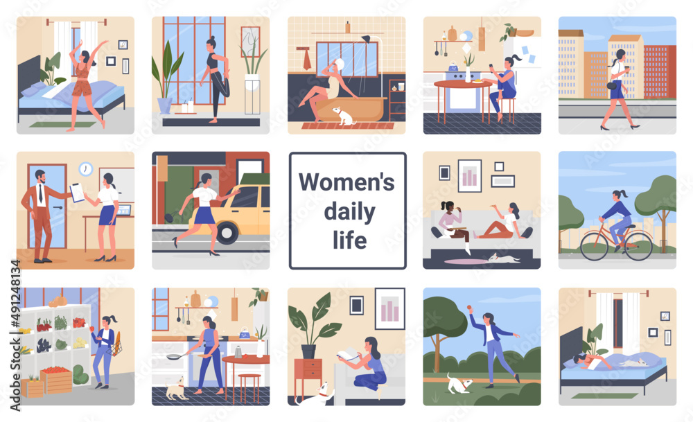 Daily girl routine set, everyday life scenes vector illustration ...