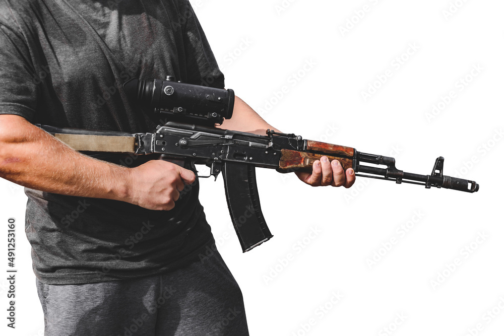 Isolate, Military machine gun with a sniper scope in the hands of a man ...