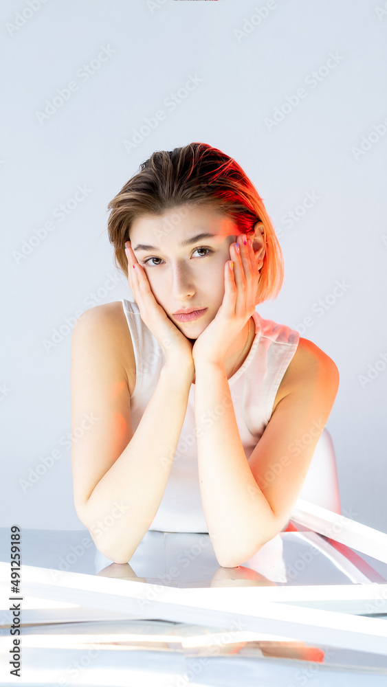 Sad face. Color light portrait. Loneliness melancholy. Portrait of ...