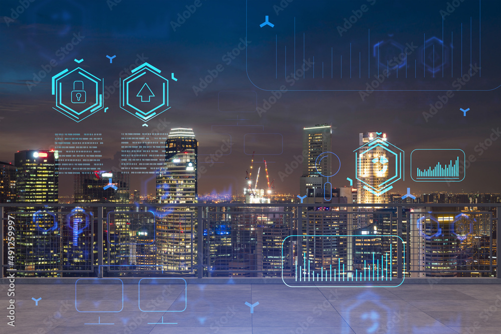 Rooftop with concrete terrace, Singapore night skyline. Hi tech digital ...