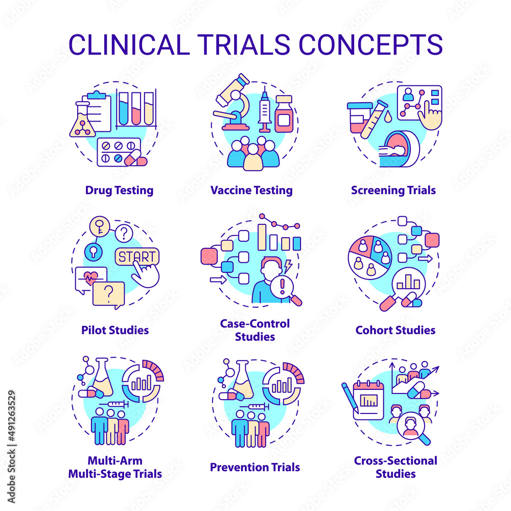 Clinical trials concept icons set. Healthcare study. Science medical ...