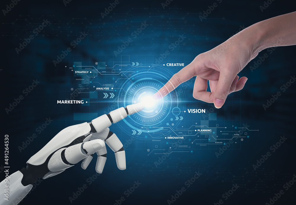 3D rendering artificial intelligence AI robot finger making contact ...