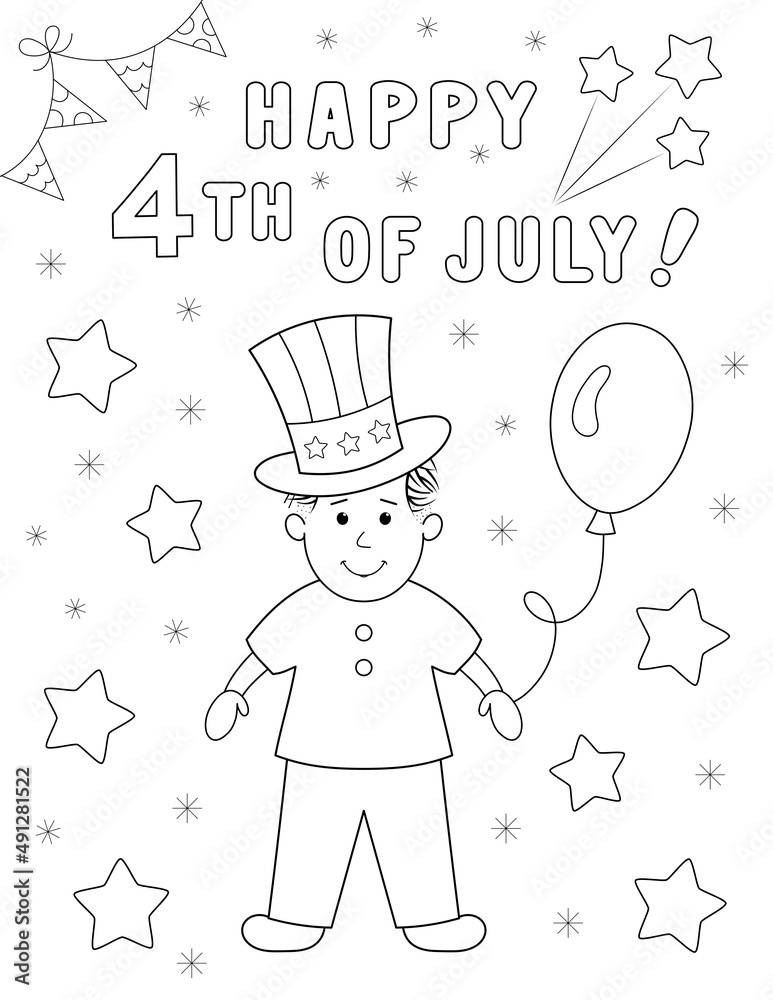happy 4th of july celebration, cute coloring page design for kids. you ...