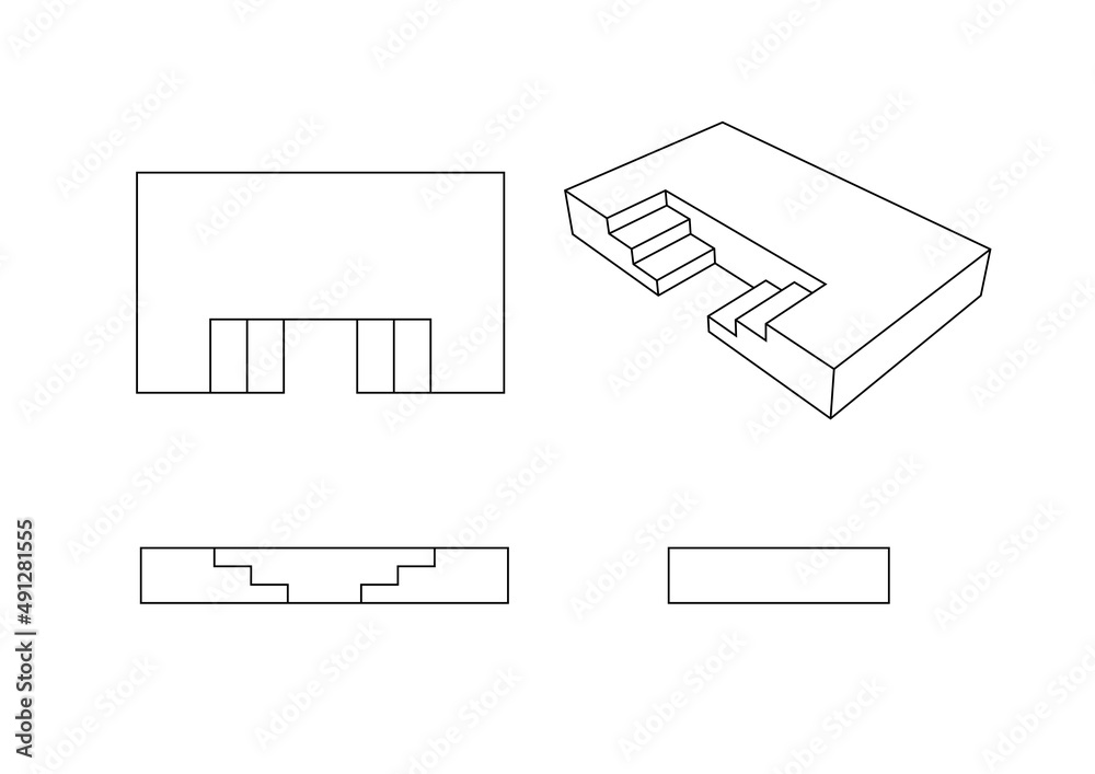 front, top and side view of a 3d shape, visualizing solid shapes ...