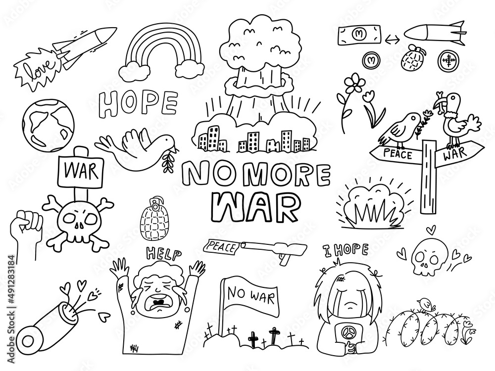 No War conceptual theme doodle set of people cry for help, bomb ...