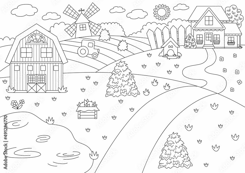 Vector black and white farm landscape illustration. Rural outline ...