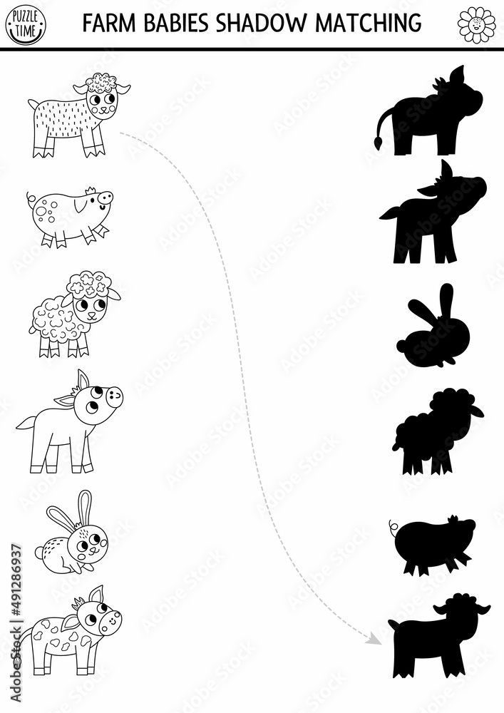 Black and white farm shadow matching activity with baby animals ...