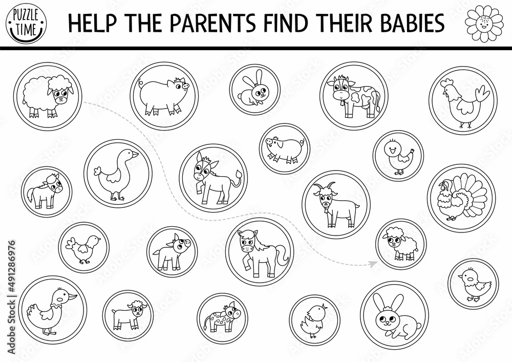 Black and white farm matching activity with animals and babies. Country ...