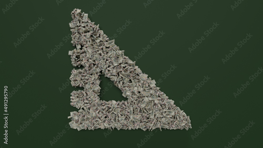 3d rendering of dollar cash rolls and stacks in shape of symbol of ...