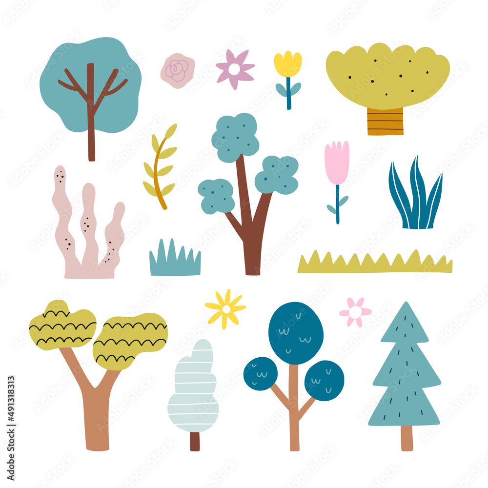 Nature elements vector set. Trees, plants, floral clipart on white ...